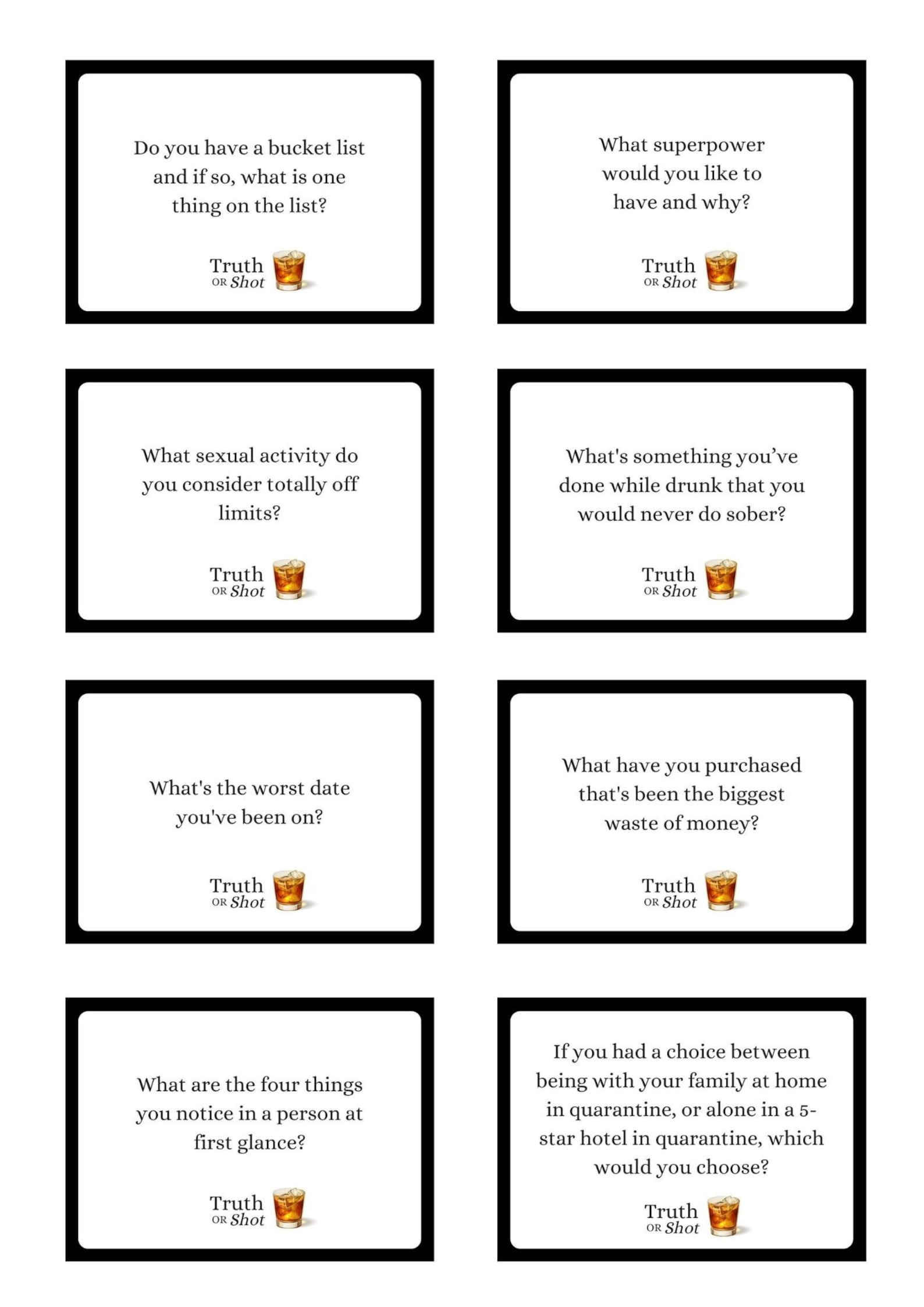 Truth or Shot Card Game: Adult Drinking Game (digital Download) - Etsy