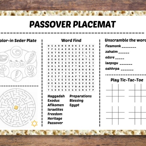 Kids Passover Pesach Activity Printable Placemat Instant - Etsy