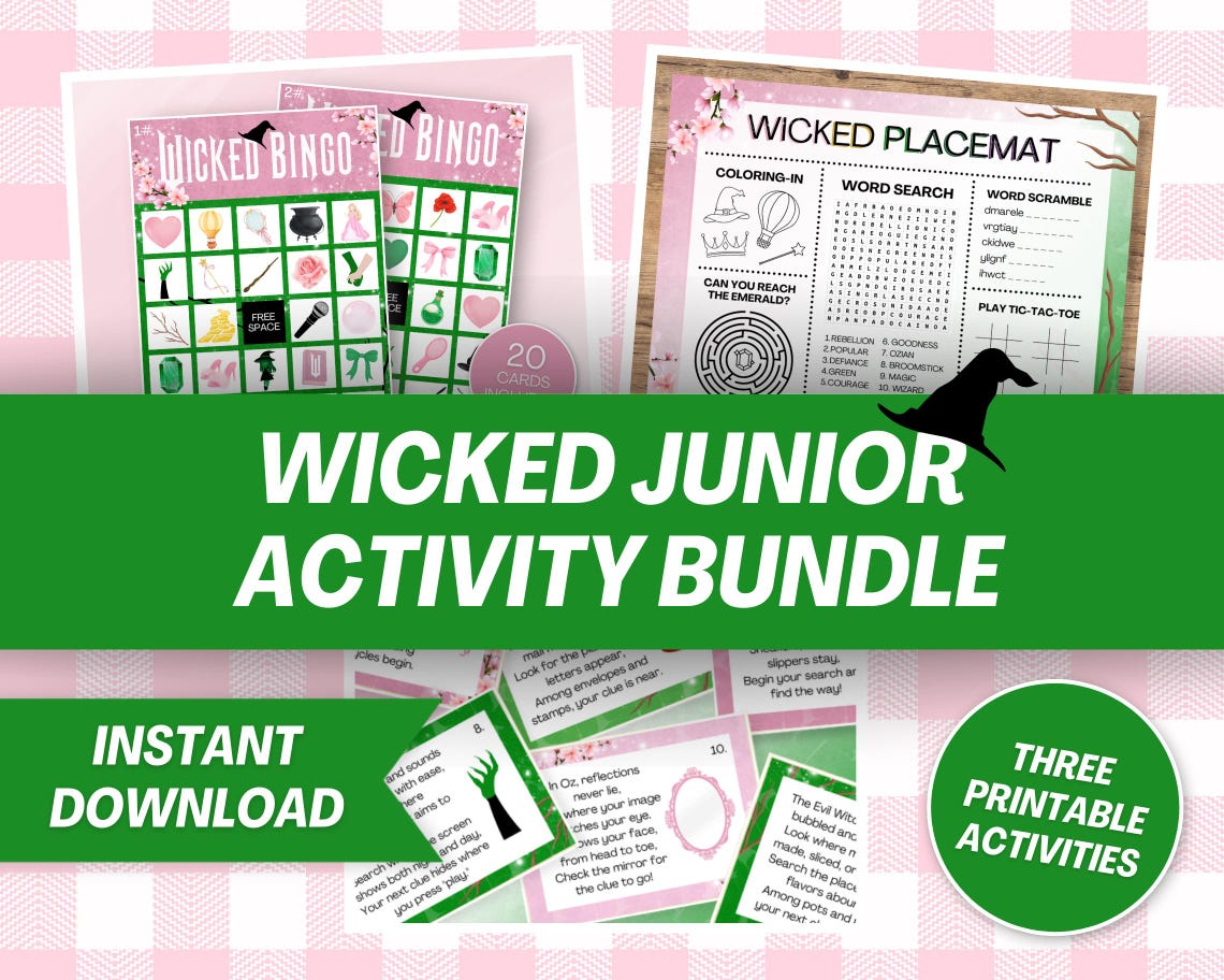 Wicked Activity Bundle: Bingo, Scavenger Hunt, Placemat (PDF Download ...