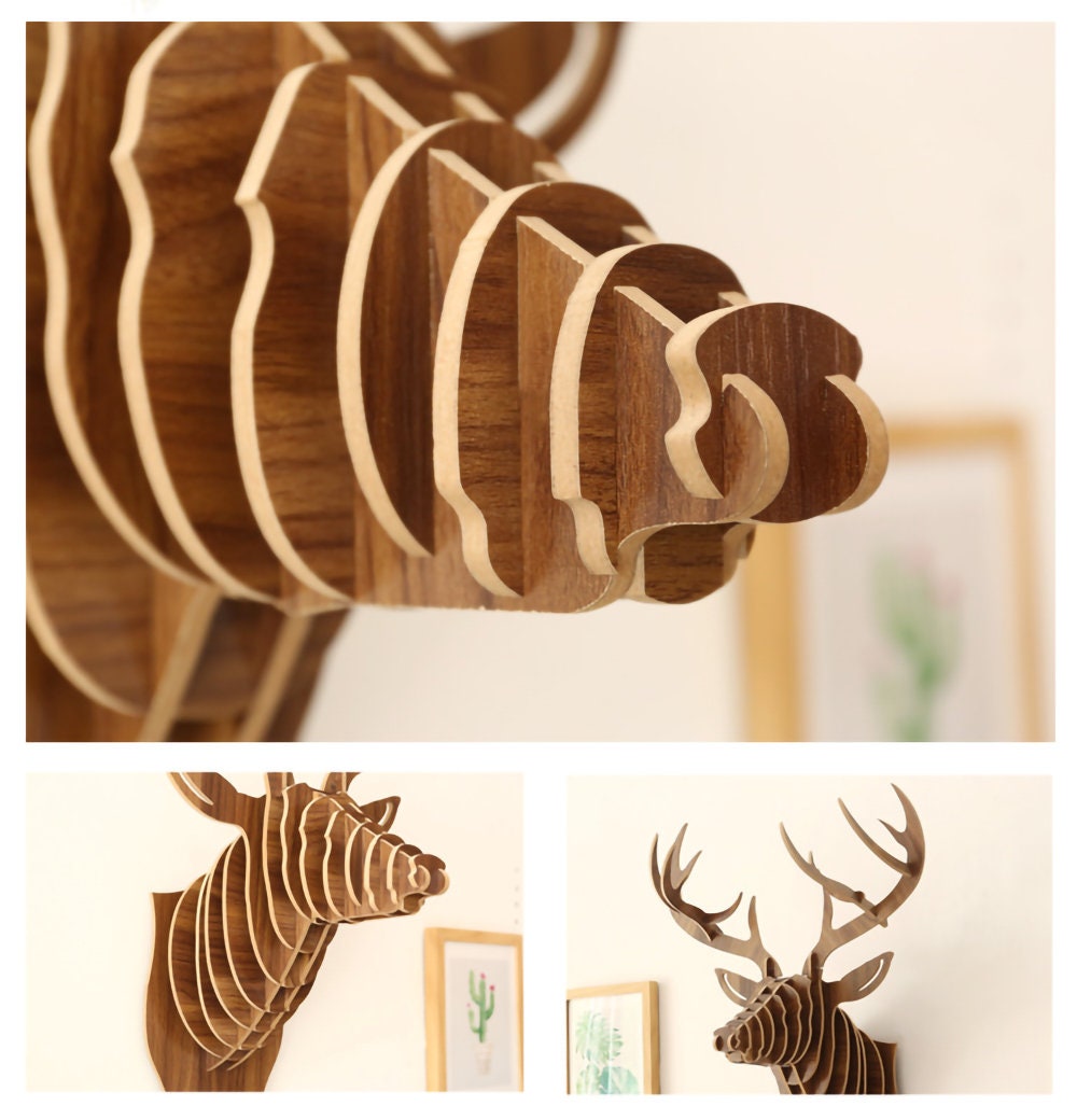 Wooden Deer Statue Room Decoration Large Size Deer Head Figurine Wall ...
