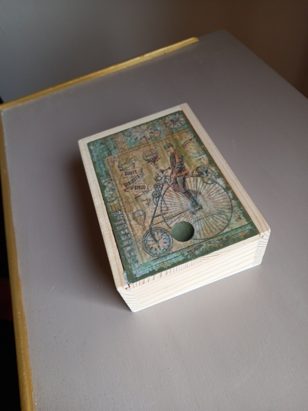 Wooden Small Storage Keepsake Box Vintage Style Man on a Bicycle Olive ...