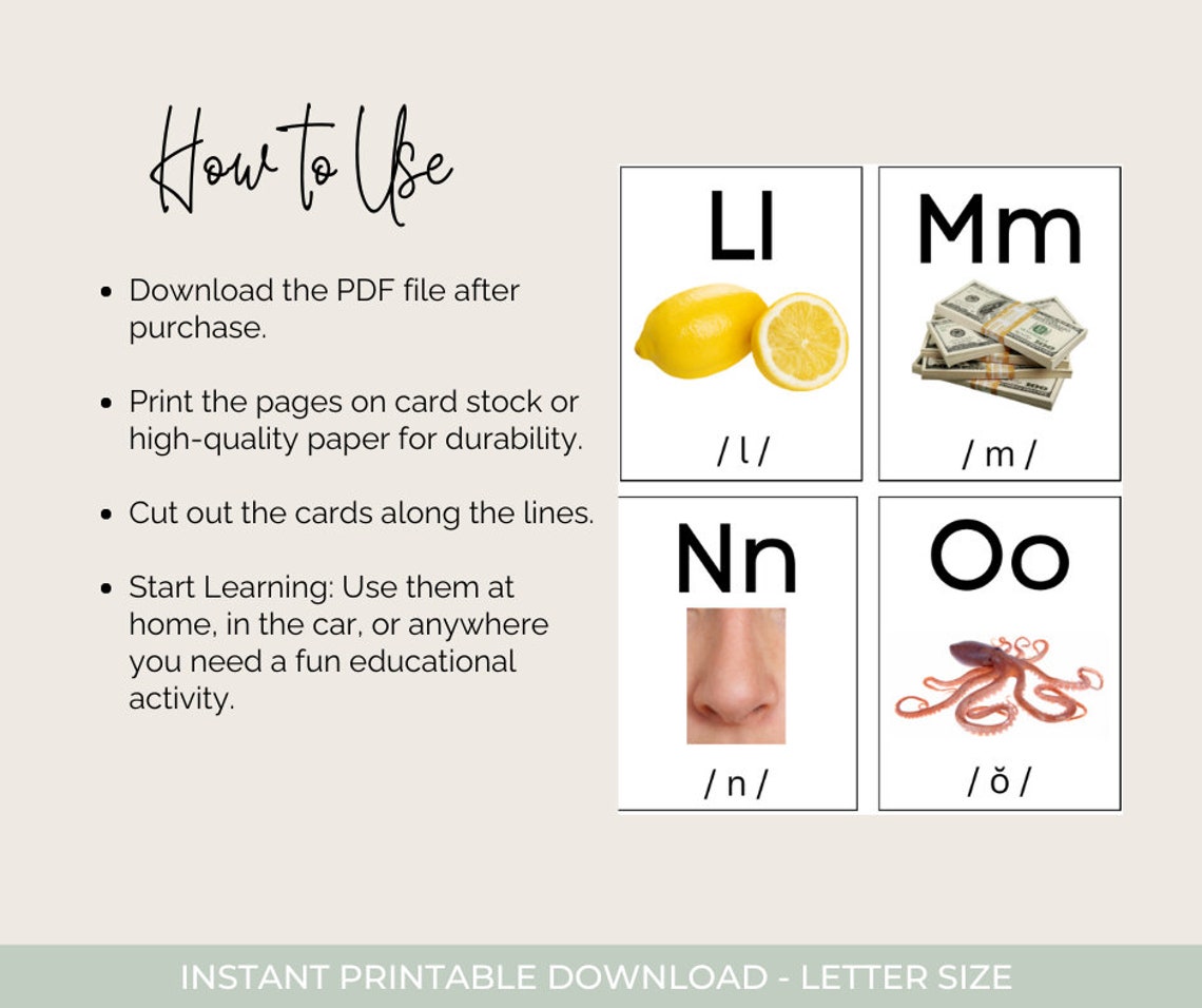 Alphabet Flash Cards Printable, Realistic Pictures, Phonetic ...