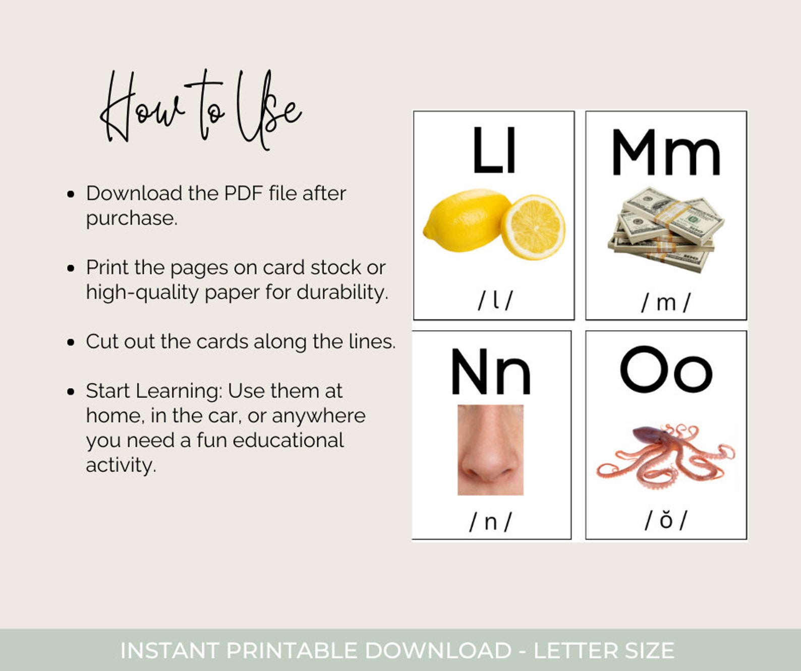 Alphabet Flash Cards Printable, Realistic Pictures, Phonetic ...