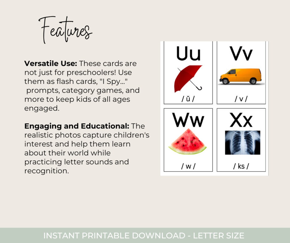Alphabet Flash Cards Printable, Realistic Pictures, Phonetic ...