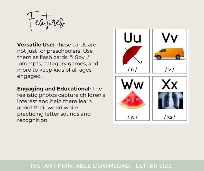 Alphabet Flash Cards Printable, Realistic Pictures, Phonetic ...