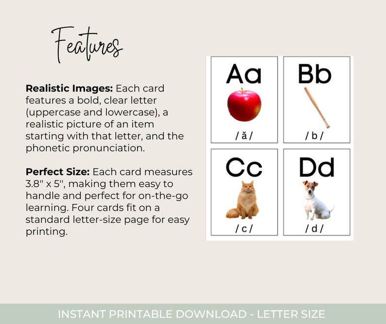 Alphabet Flash Cards Printable, Realistic Pictures, Phonetic ...