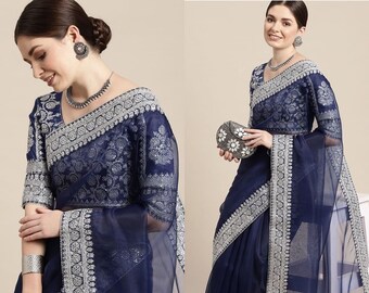 Royal Blue Border Saree - Etsy