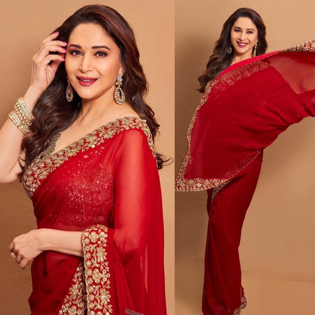 Red Color Madhuri Dixit Embroidery Work Bollywood Saree - Etsy