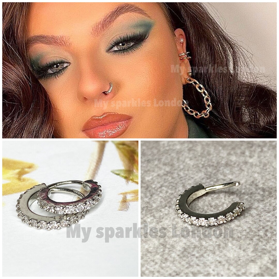Tiny Rhinestone Nose Ring, Septum Paved Diamante Huggie Nose Hoop, Gold/silver Crystal Body Nose ...