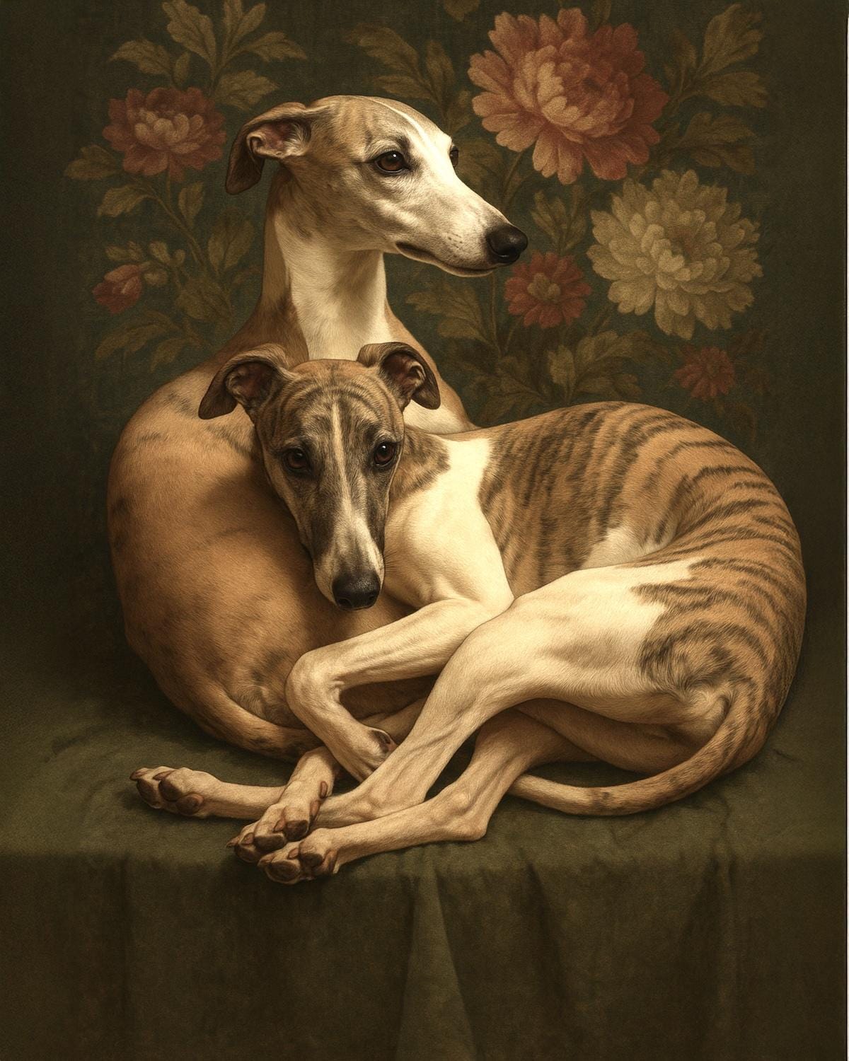 Vintage Whippet Art Print: Greyhound Dog Portrait, Floral Background ...