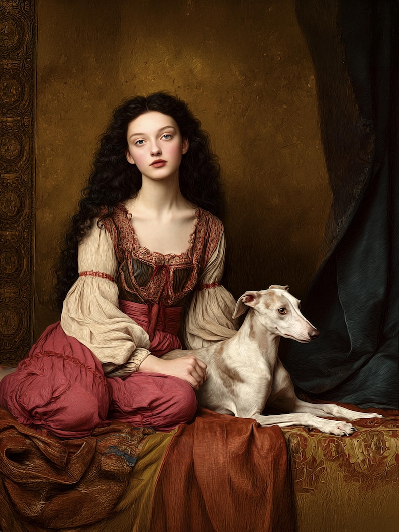 Renaissance Woman and Whippet Art Print, Vintage Portrait (digital ...