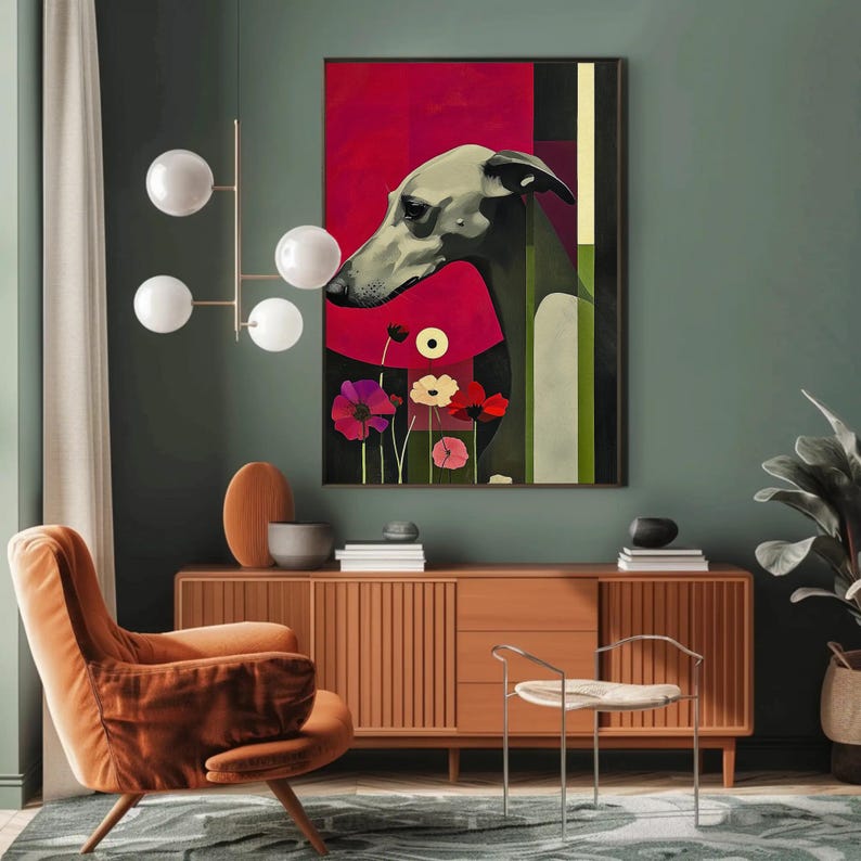 Greyhound Art Print: Modern Abstract Dog Portrait With Flowers (18x24 ...