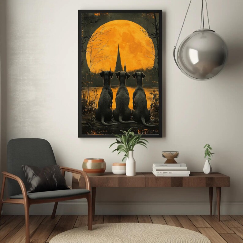 Greyhound Trio Wall Art - Full Moon Digital Print - Whippet Silhouette ...