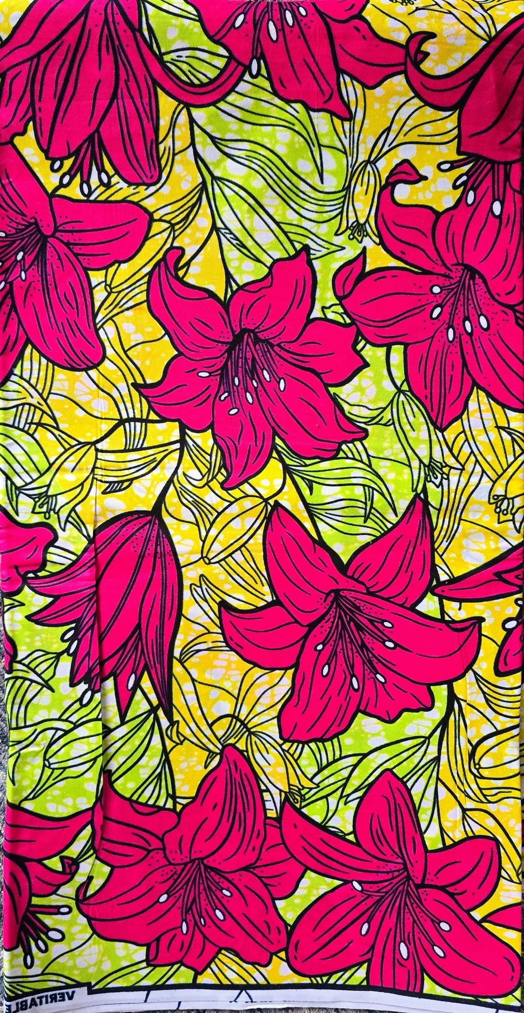 African Flower Print Fabric: Fushia, White, Yellow, Green, Black. 46 ...