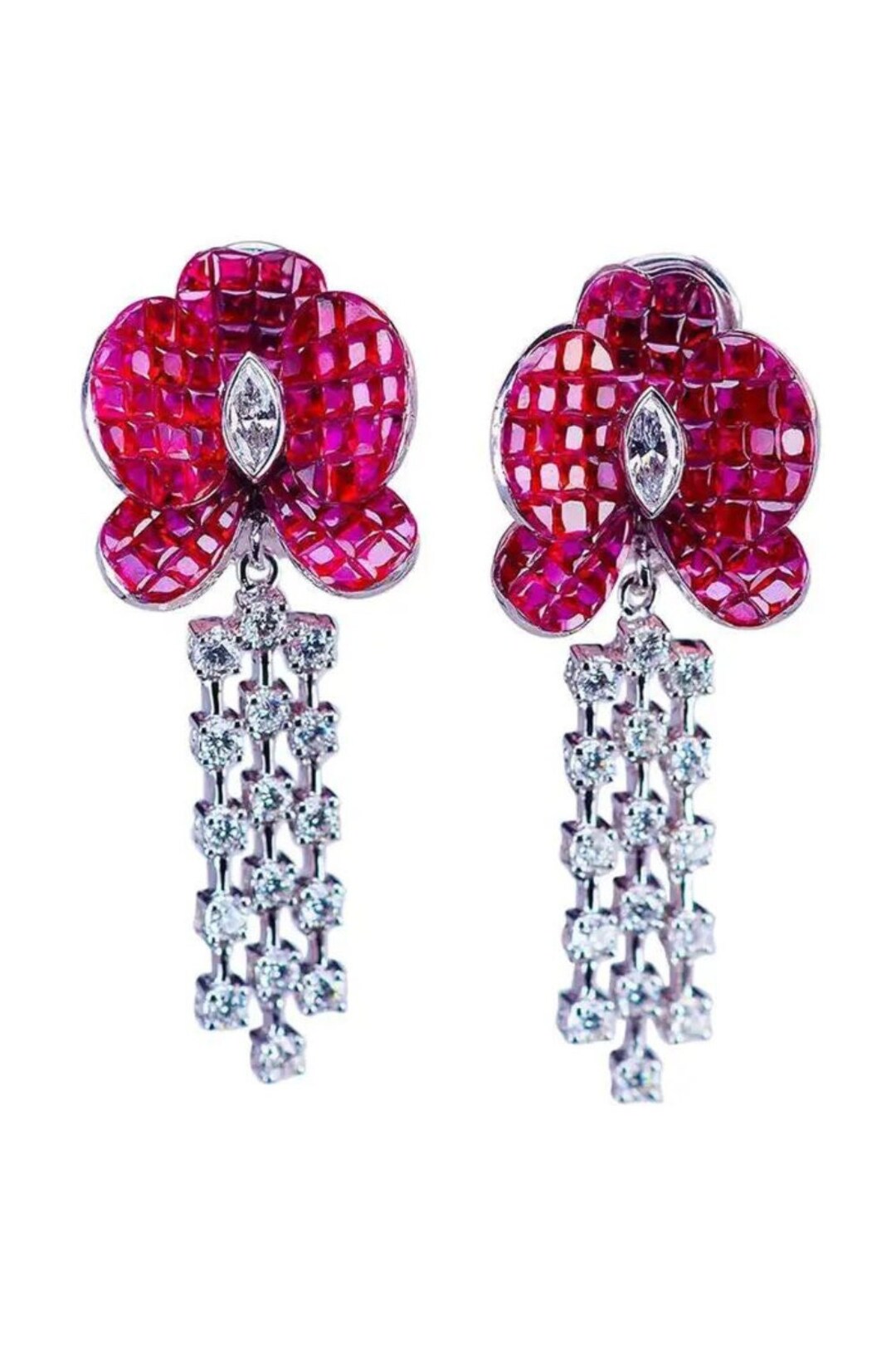 Invisible Set Lab Burmese Ruby Dangle Earrings 925 Sterling Silver Handcrafted Luxurious Evening ...