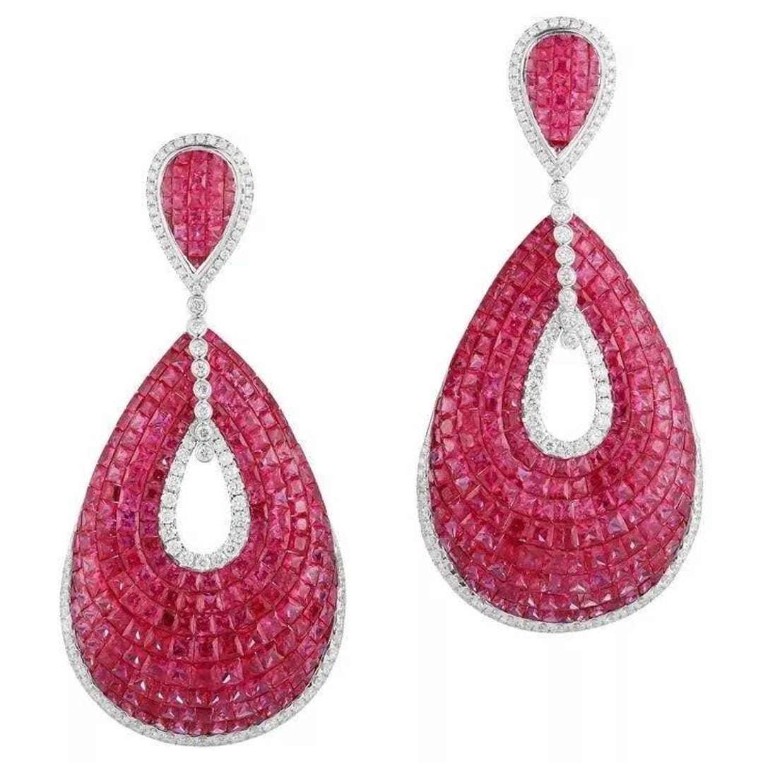 Beautiful Lab Burmese Ruby Invisible Set Earrings 925 Sterling Silver Evening Wedding Wear ...