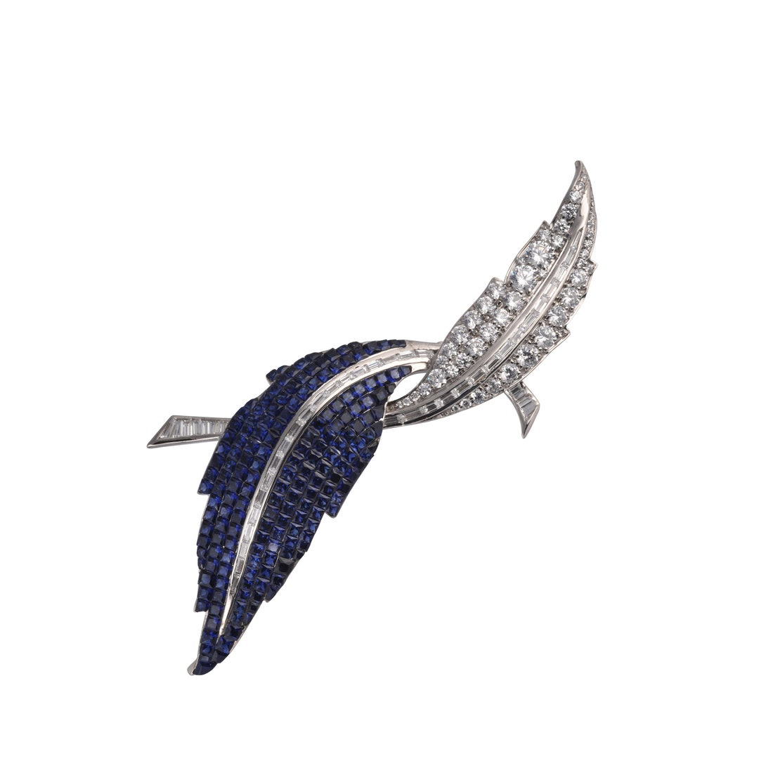Double Cross Leaf Brooch, 925 Sterling Silver Sapphire Invisible Set ...