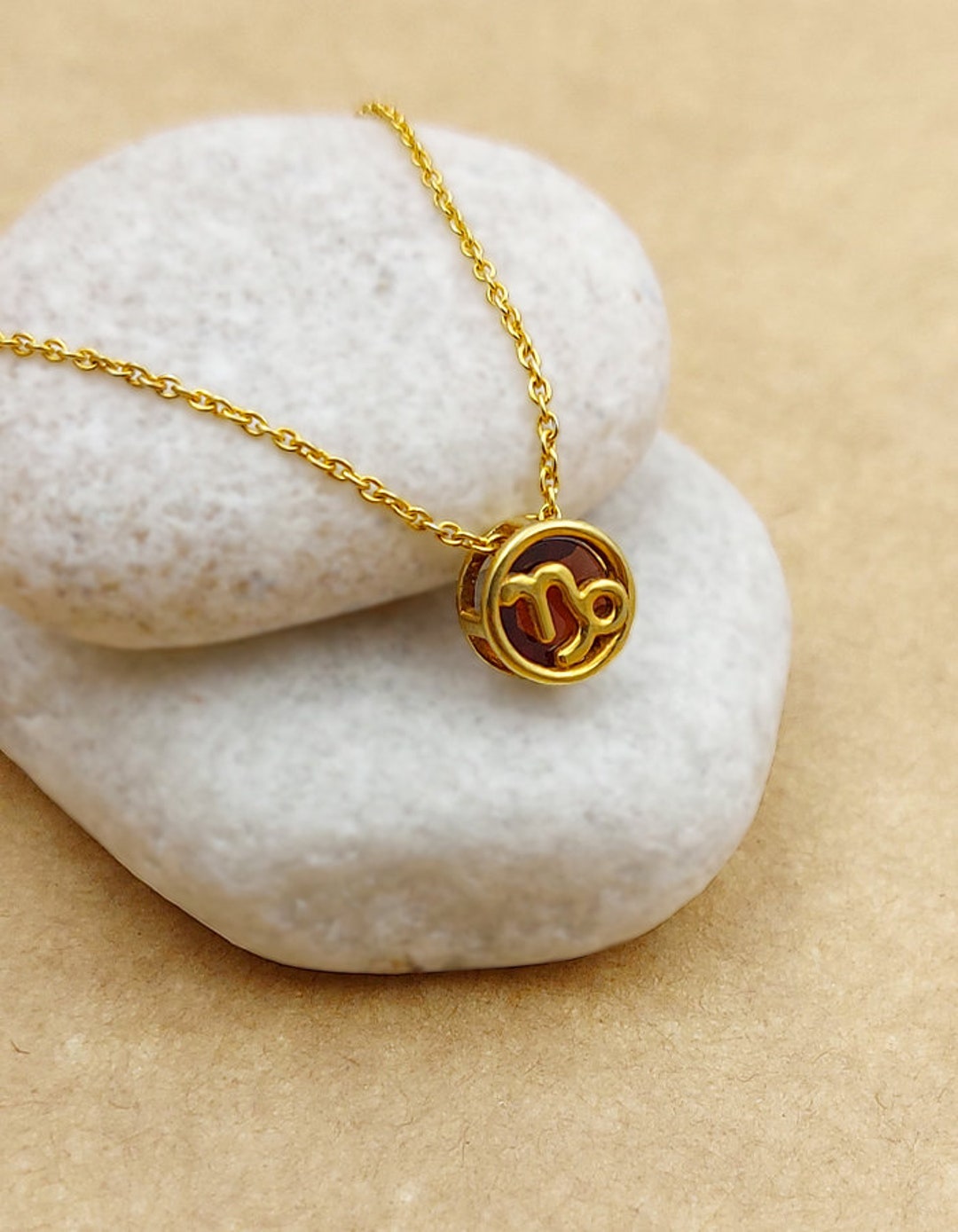 14K Solid Gold Minimalist Necklace, Capricorn Zodiac Ruby Pendant ...