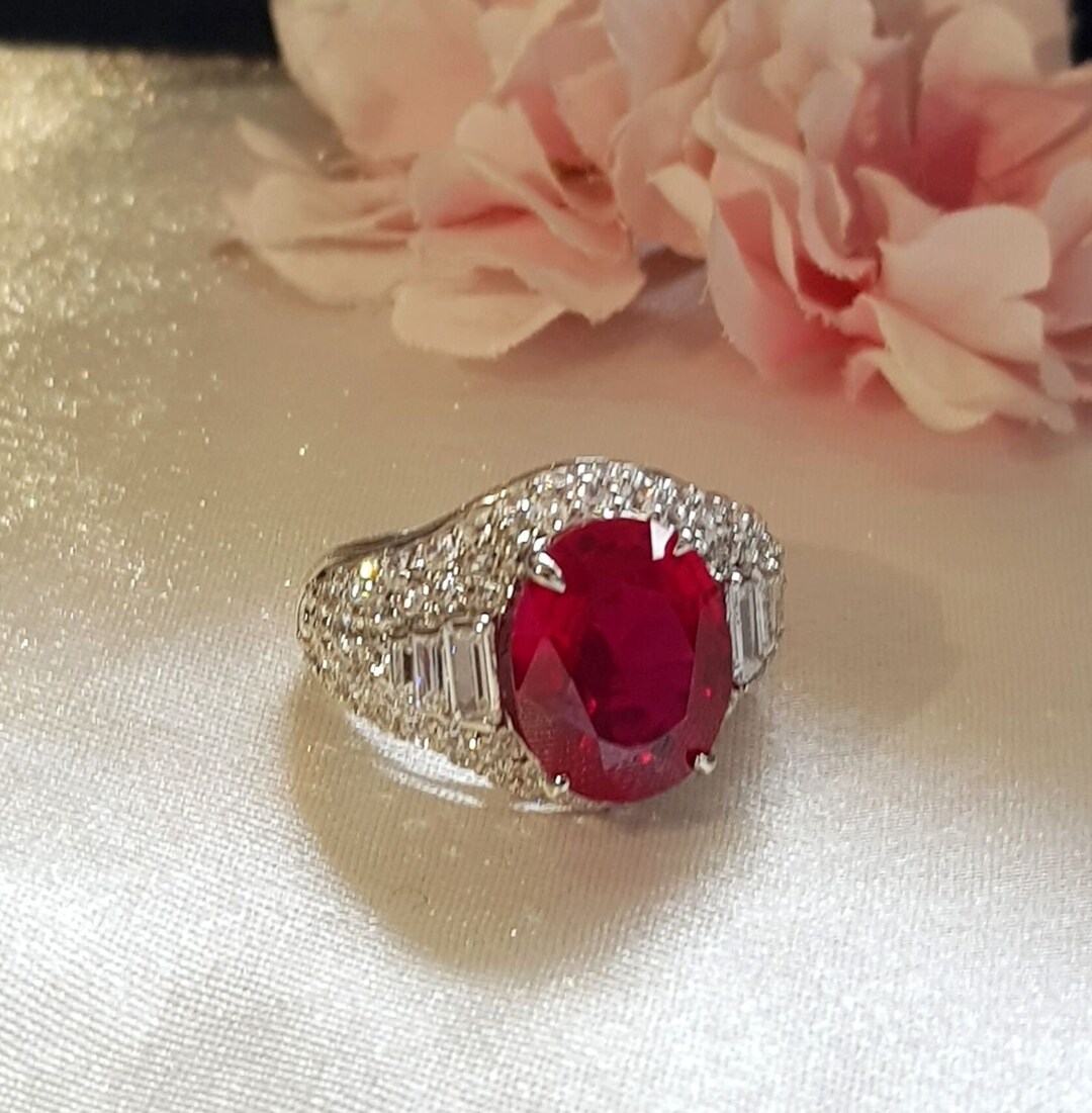 Oval Red Lab Ruby Cocktail Ring 925 Sterling Silver Baguette & Round CZ ...