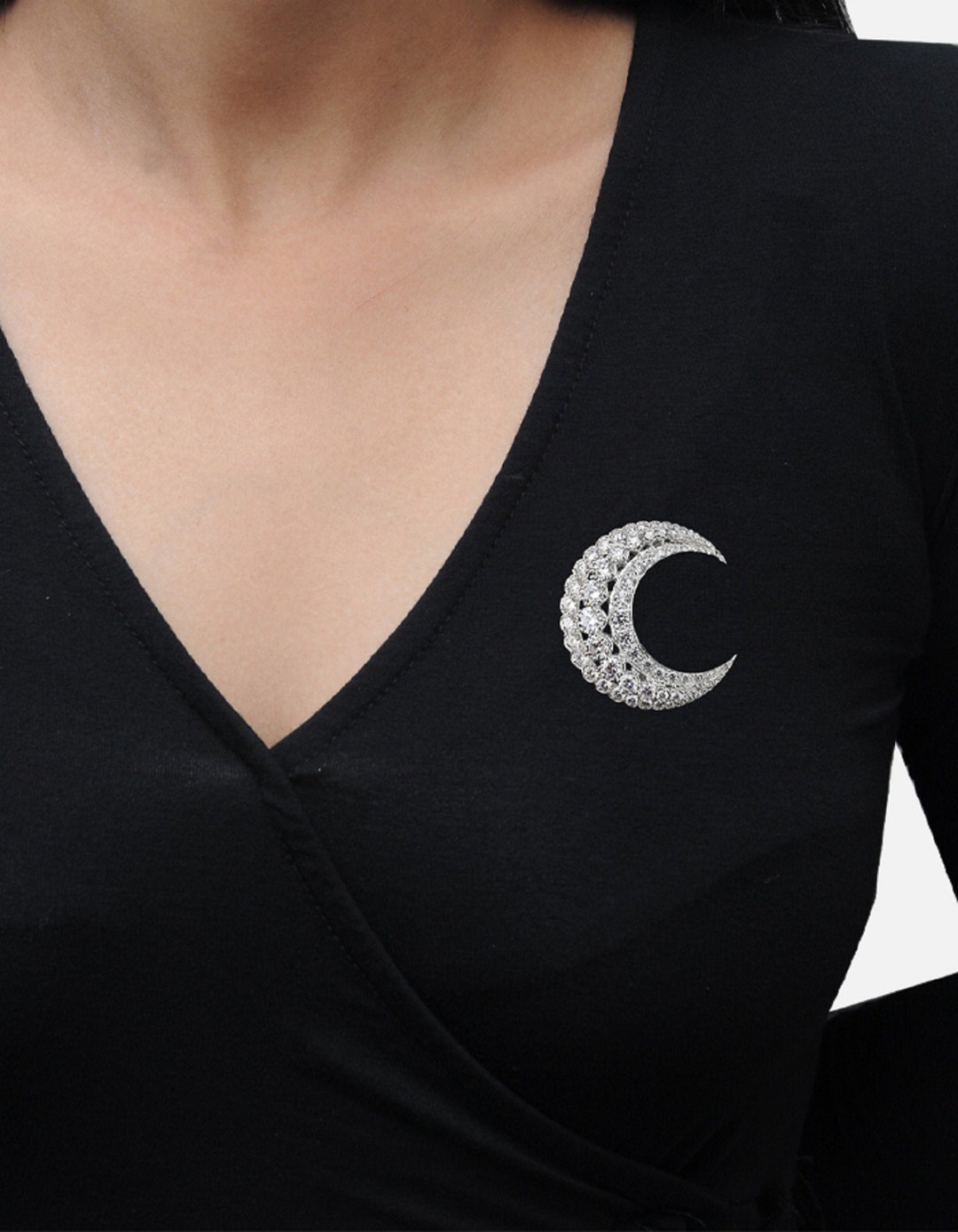 Edwardian Crescent Half-moon Brooch 925 Sterling Silver White Studded ...