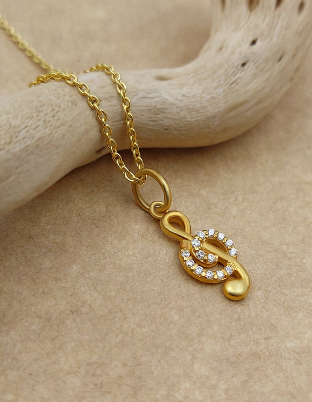 14K Solid Gold Treble Clef Necklace, Natural Diamonds Musician Necklace ...