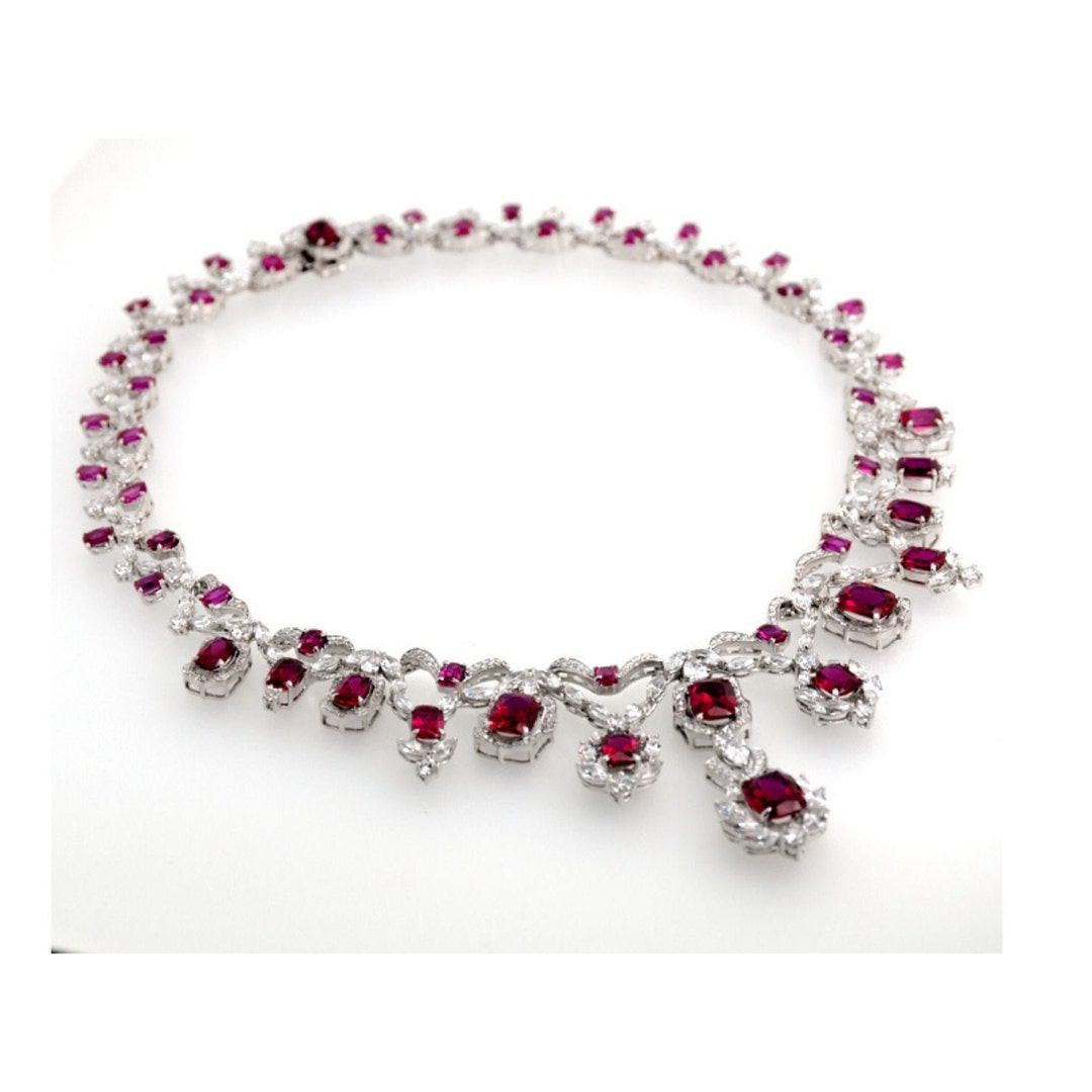 Lab Created Ruby Necklace High Jewelry for Women 925 Sterling Silver ...