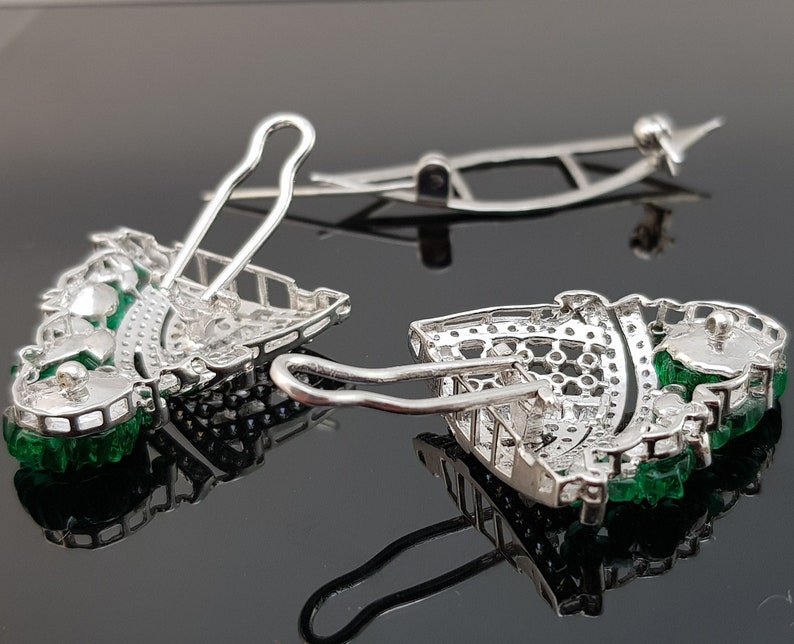 Double Clip Brooch 925 Sterling Silver Green Carved Flower - Etsy