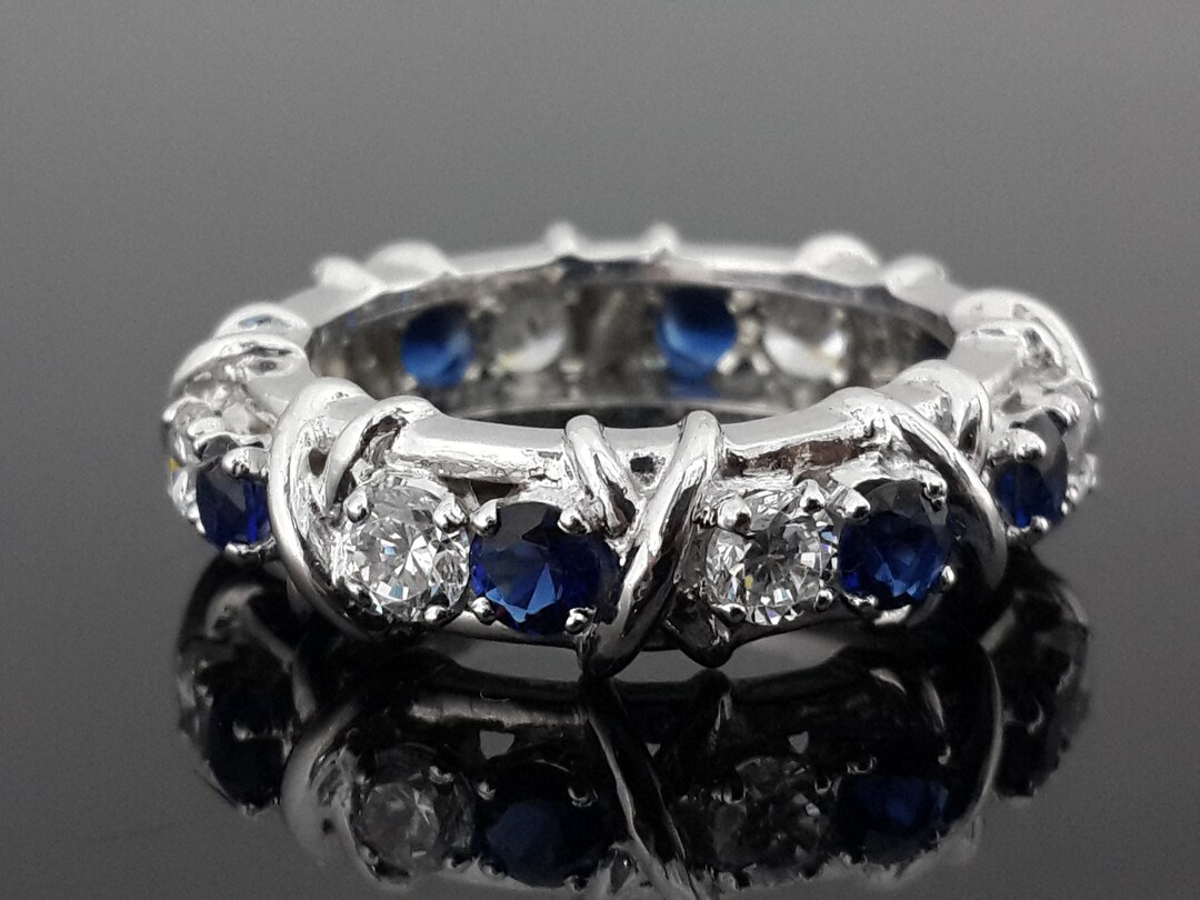 Band Ring for Women 925 Sterling Silver Sapphire & White Round ...