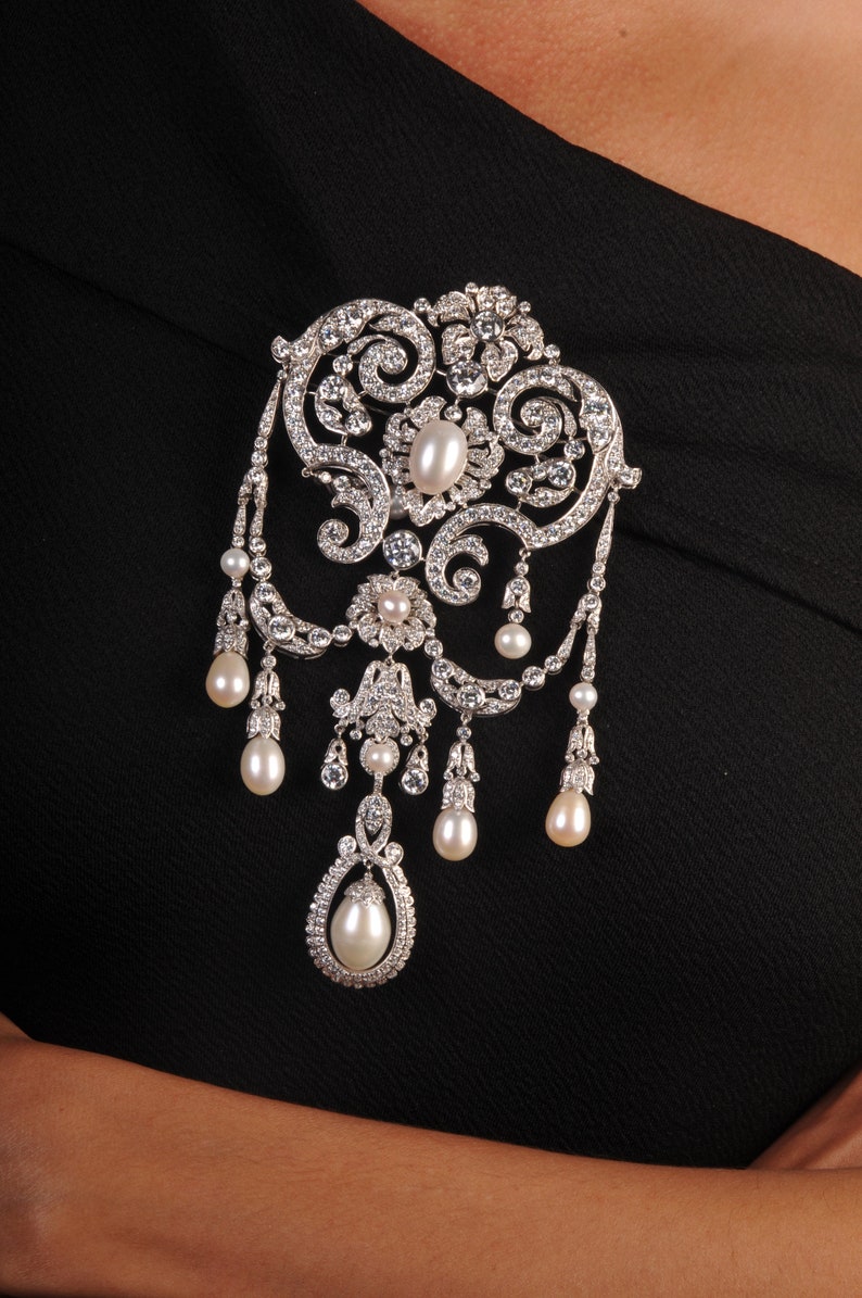 White Pearl Studded Diamond Stomacher Brooch for Women 925 - Etsy