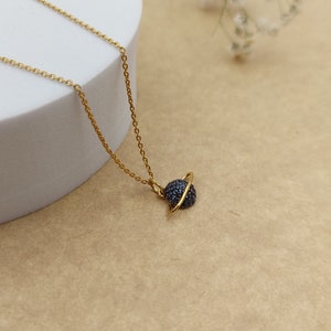 14k Solid Gold Planet Necklace, Sapphire Saturn Pendant, Solid Gold ...