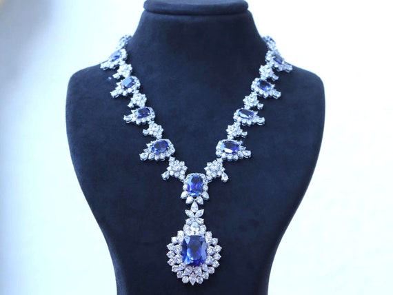 Blue Sapphire Necklace for Women 925 Sterling Silver Blue Cushion cut White Halo Statement Necklace Wedding Cubic Zirconia Adastra Jewelry Etsy