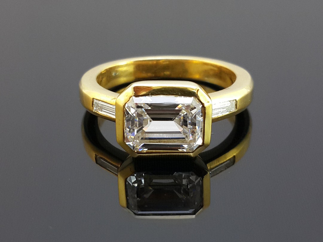 18K Yellow Gold, Emerald Cut Bezel Set Diamond Solitaire, Wedding Jewelry, Handmade Jewelry ...