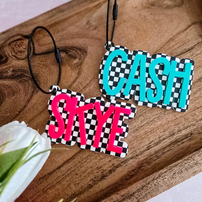 Personalized Bookbag Tag, Checkered Keychain, Acrylic Name Tag, Diaper ...