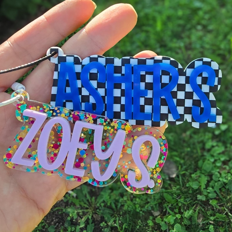 Personalized Bookbag Tag, Checkered Keychain, Acrylic Name Tag, Diaper ...