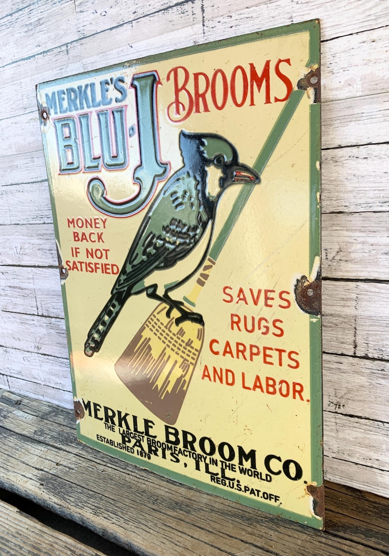 Vintage Merkle’s Blu-j Brooms Porcelain Sign | Antique Advertising ...