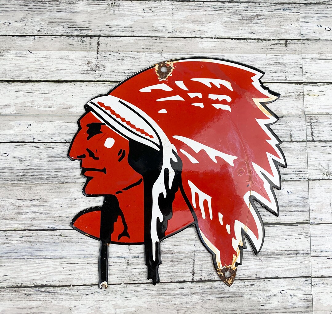 Vintage Red Indian Gasoline Porcelain Sign | Indian Head Logo | Classic ...