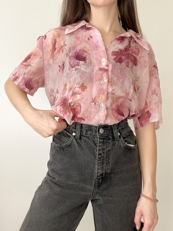 Vintage Sheer Open Blouse Shell Orange Hot Pink Flora… - Gem