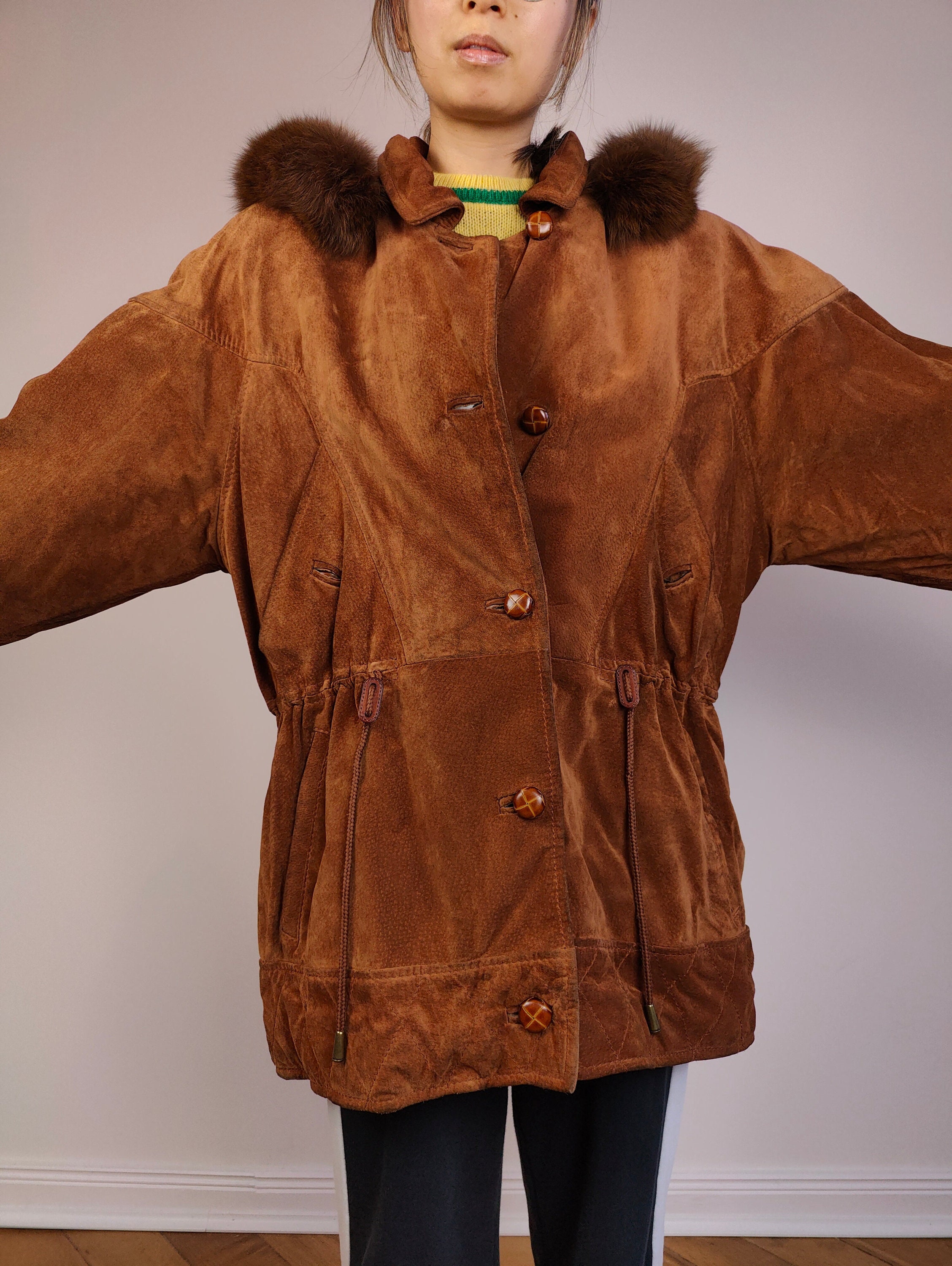 The Brown Suede Leather Hoodie Jacket Vintage Real Suede Leather Fluffy ...
