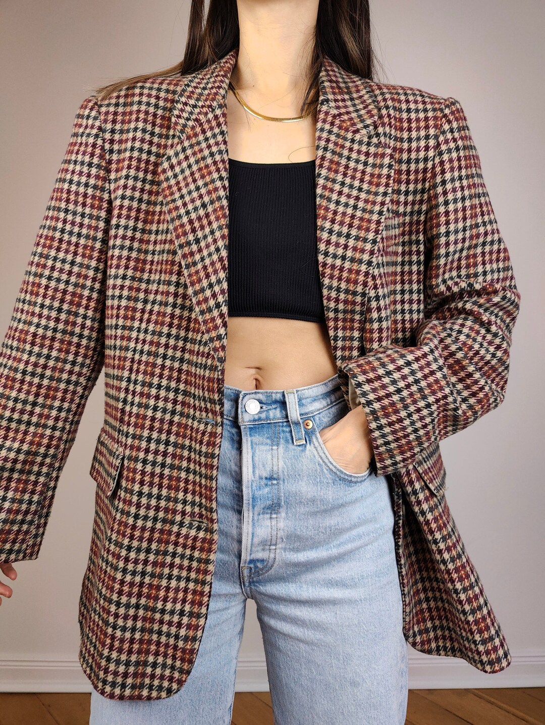 The Wool Chestnut Check Blazer Vintage Wool Mix Checkered Pattern Plaid ...