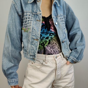 The Checker Flower Embroidery Denim Jacket | Vintage 80s Floral Checker ...