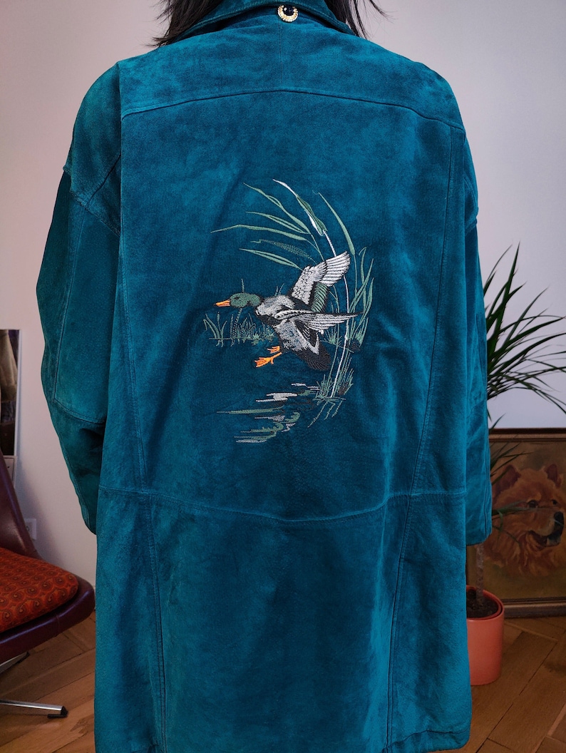 Vintage Duck Genuine Suede Leather Coat Teal Blue Animal Embroidery ...