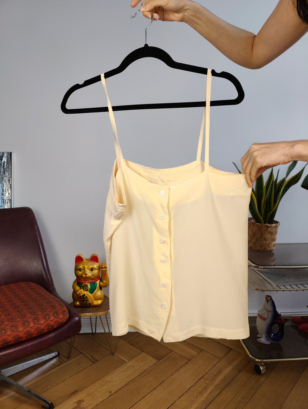 Vintage Silk Spaghetti Strap Top Button up off White Ecru Beige M-L - Etsy