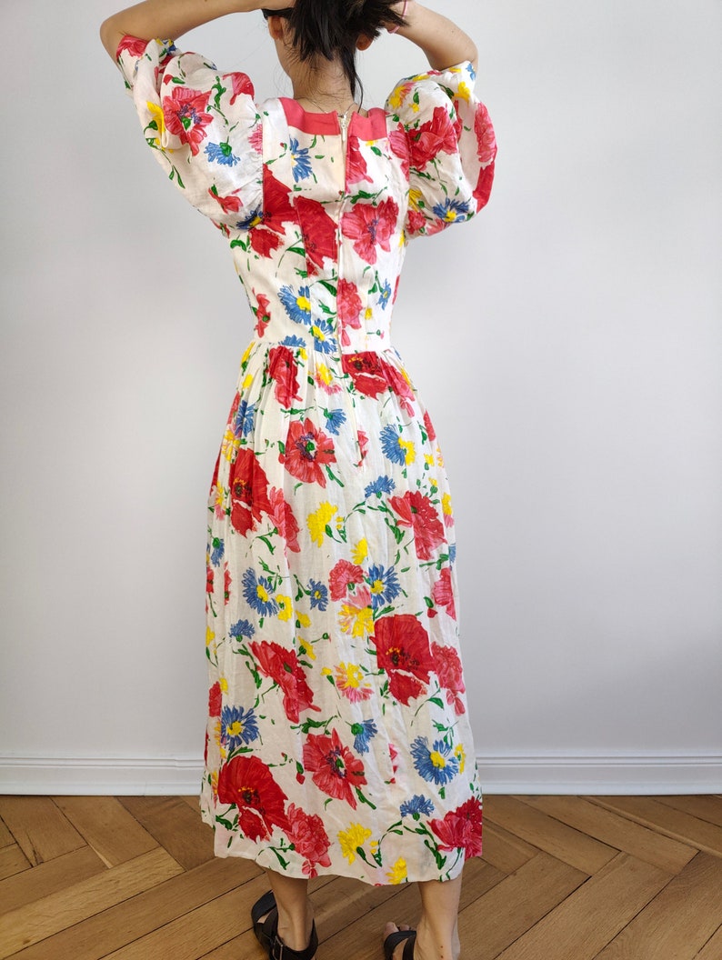 The Linen Cottagecore Flower White Red Dress Vintage Puff Sleeves ...