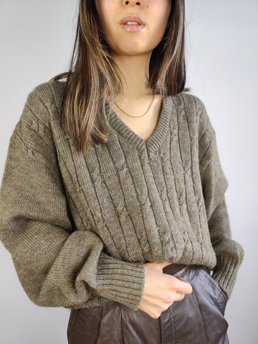 The Wool Brown Cable Knit Sweater Vintage Wool Mix Jumper Pullover ...