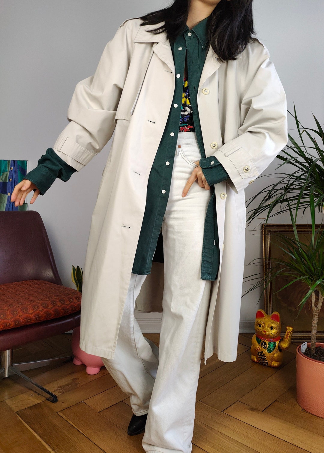 Vintage White Trench Coat Midi Long Spring Summer Women S-M - Etsy