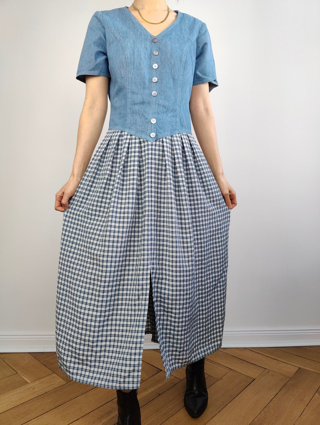 The Blue Denim Check Skirt Dress | Vintage Jeans Spring Summer Midi ...