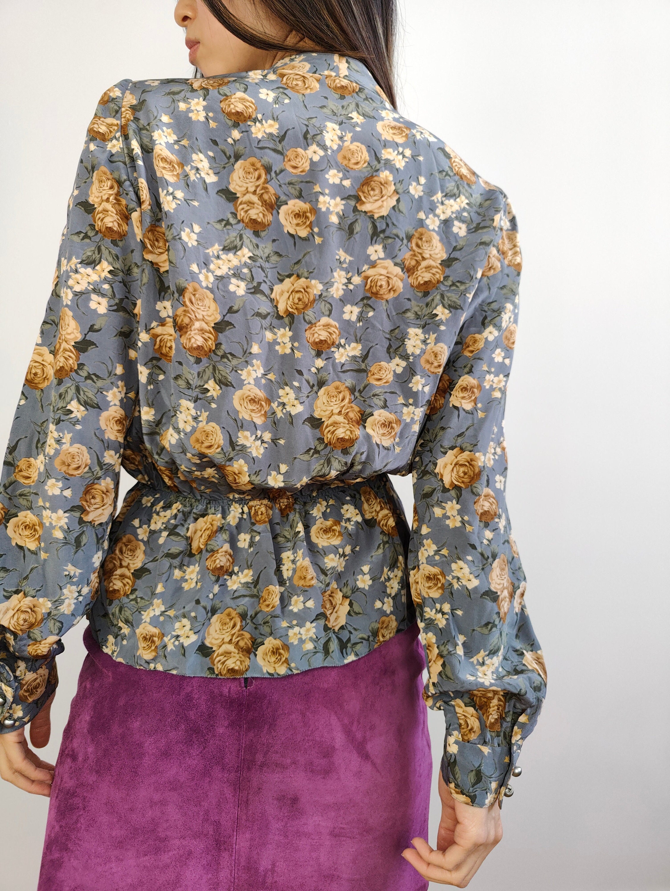 Die Seide Grau Floral Schößchen Bluse Vintage Seide Langarm Blumen ...