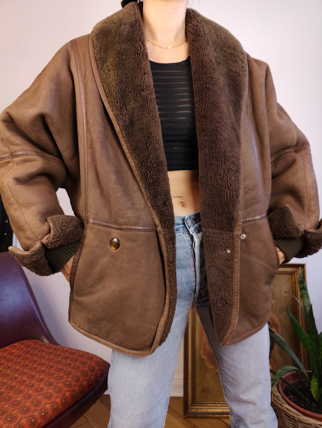 Vintage Genuine Shearling Leather Coat Brown Sheepskin Lambskin Sherpa ...