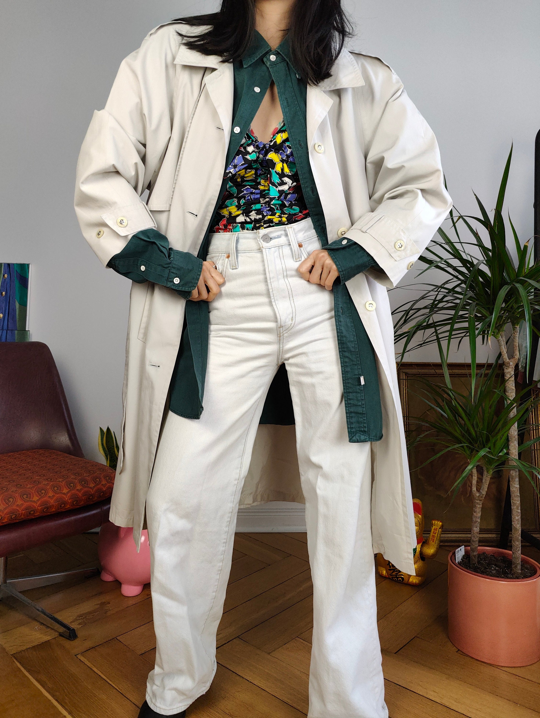 Vintage White Trench Coat Midi Long Spring Summer Women S-M - Etsy