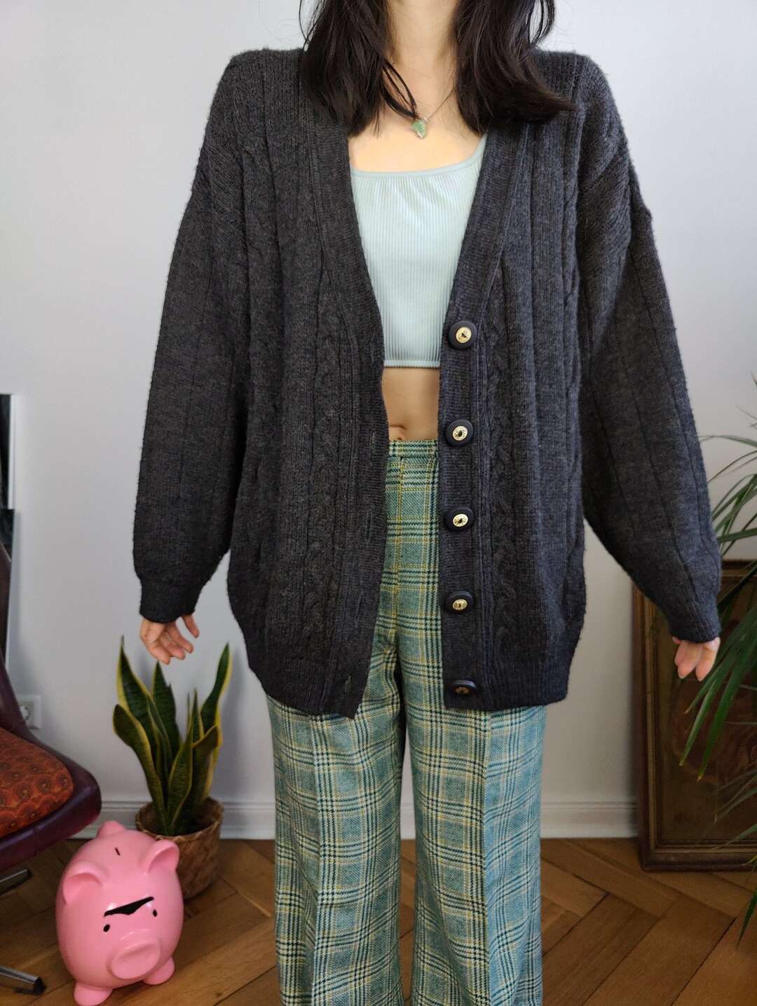 Vintage Wool Mix Cardigan Grey Max Dine Cable Knit Knitted Jacket Italy ...